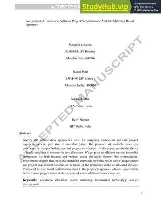 Assignment Of Trainees To Software Project Requirements A Stable Matching Based Approach | PDF