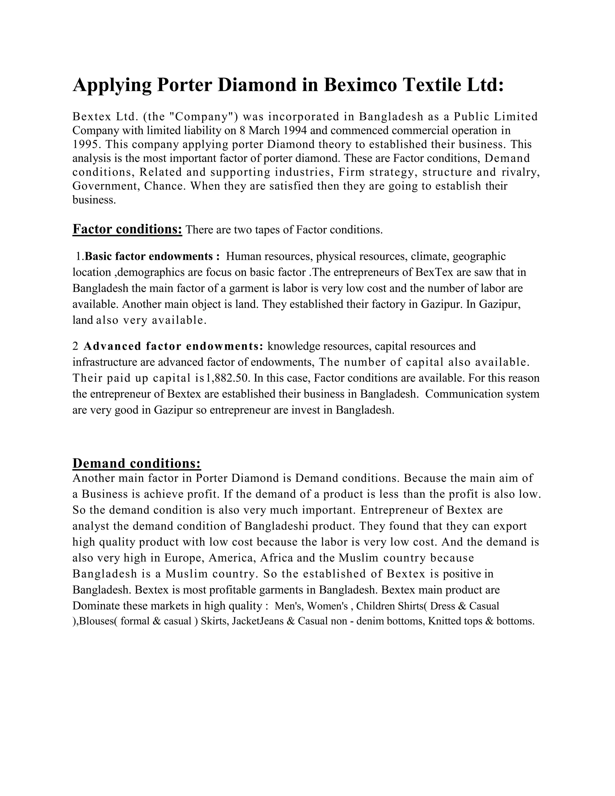 Applying Porter Diamond model on Beximco Textile Ltd. | DOCX