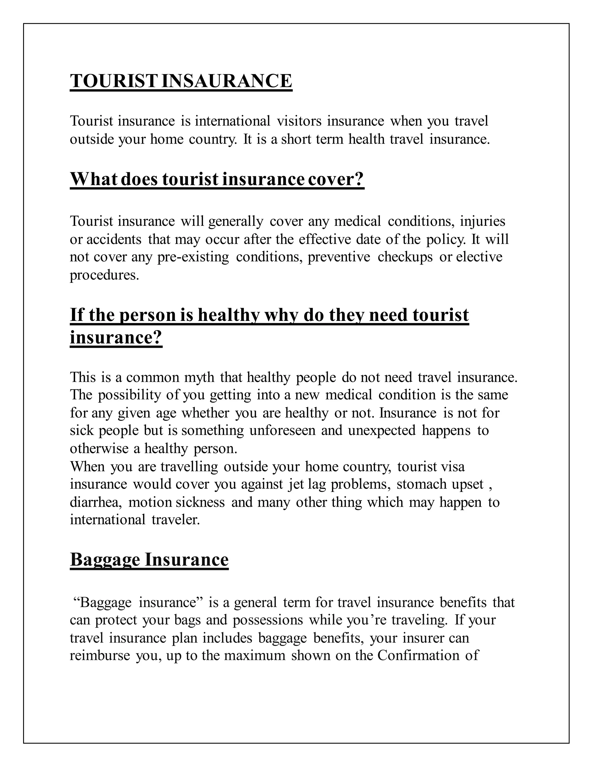 Insurance for tourist and their baggage | PDF