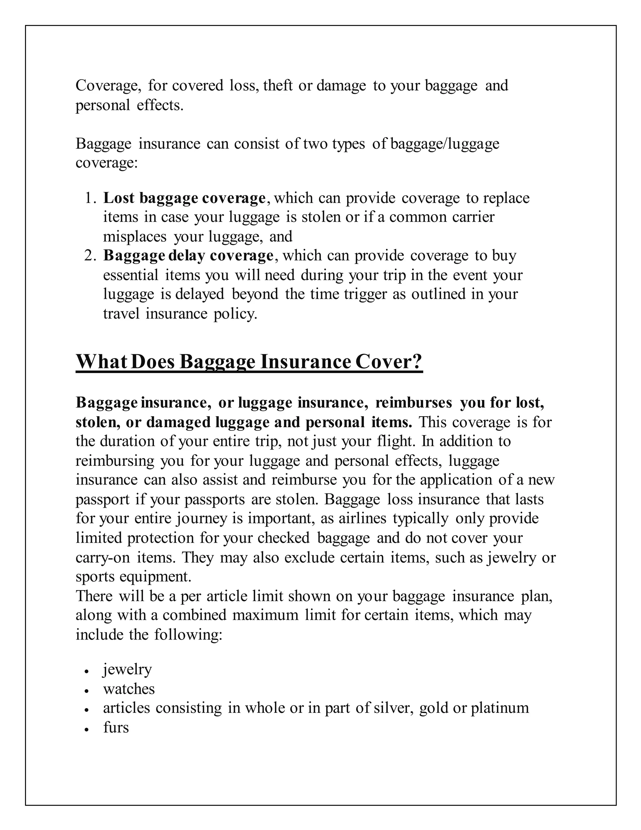 Insurance for tourist and their baggage | PDF
