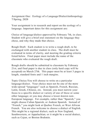 Assignment One Ecology of a LanguageDialectAnthropology 7Spring,.docx