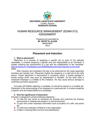Human Resource Management:Recruitment and Selection, Placement and Induction) | DOCX