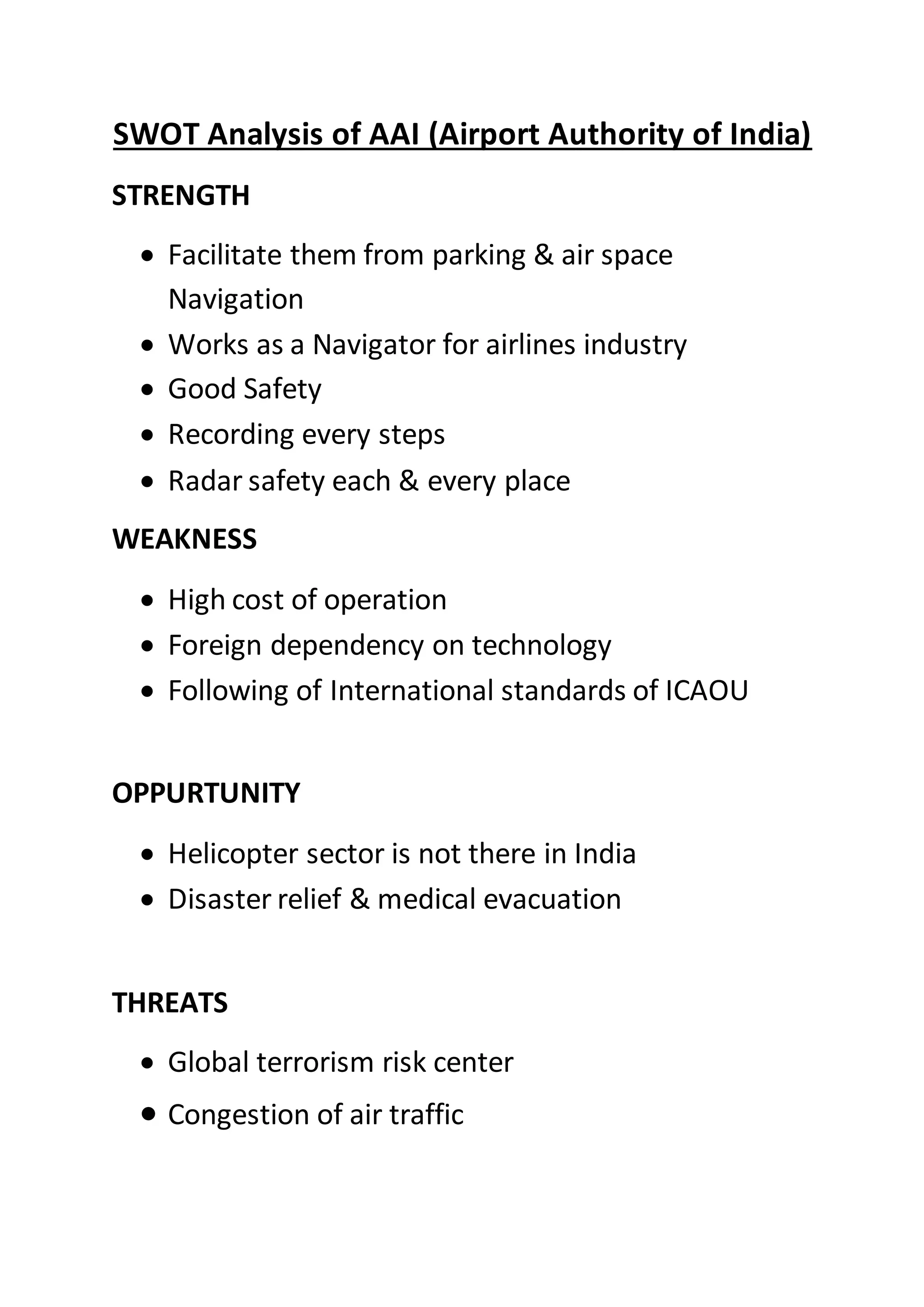 Assignment on swot analysis of airport authority of india | DOCX