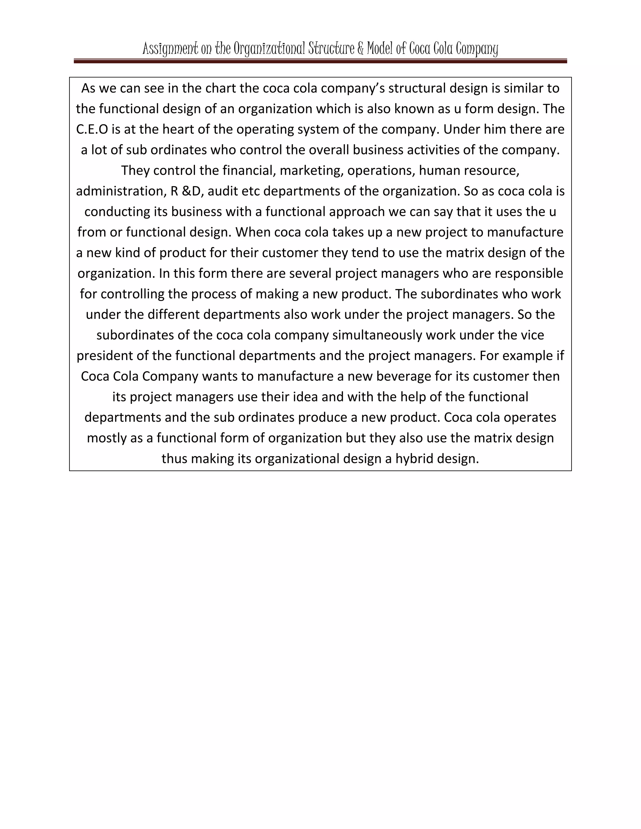 Assignment on the organizational structure & model of coca cola company ...