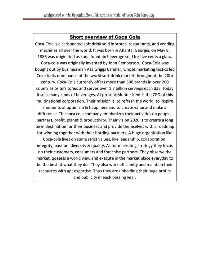 Assignment on the organizational structure & model of coca cola company ...