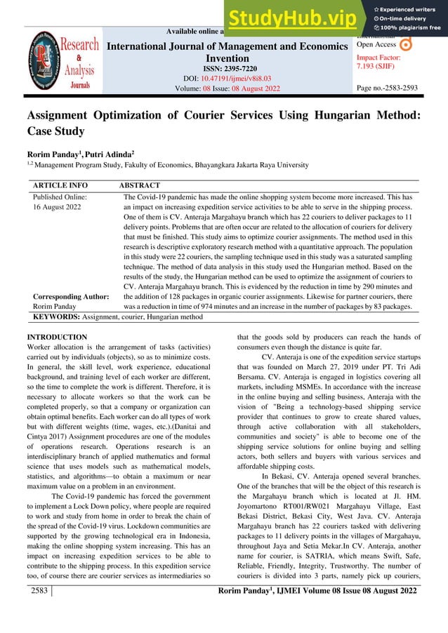Assignment Optimization Of Courier Services Using Hungarian Method Case Study | PDF