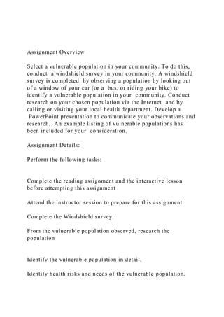 Assignment OverviewSelect a vulnerable population in your co.docx