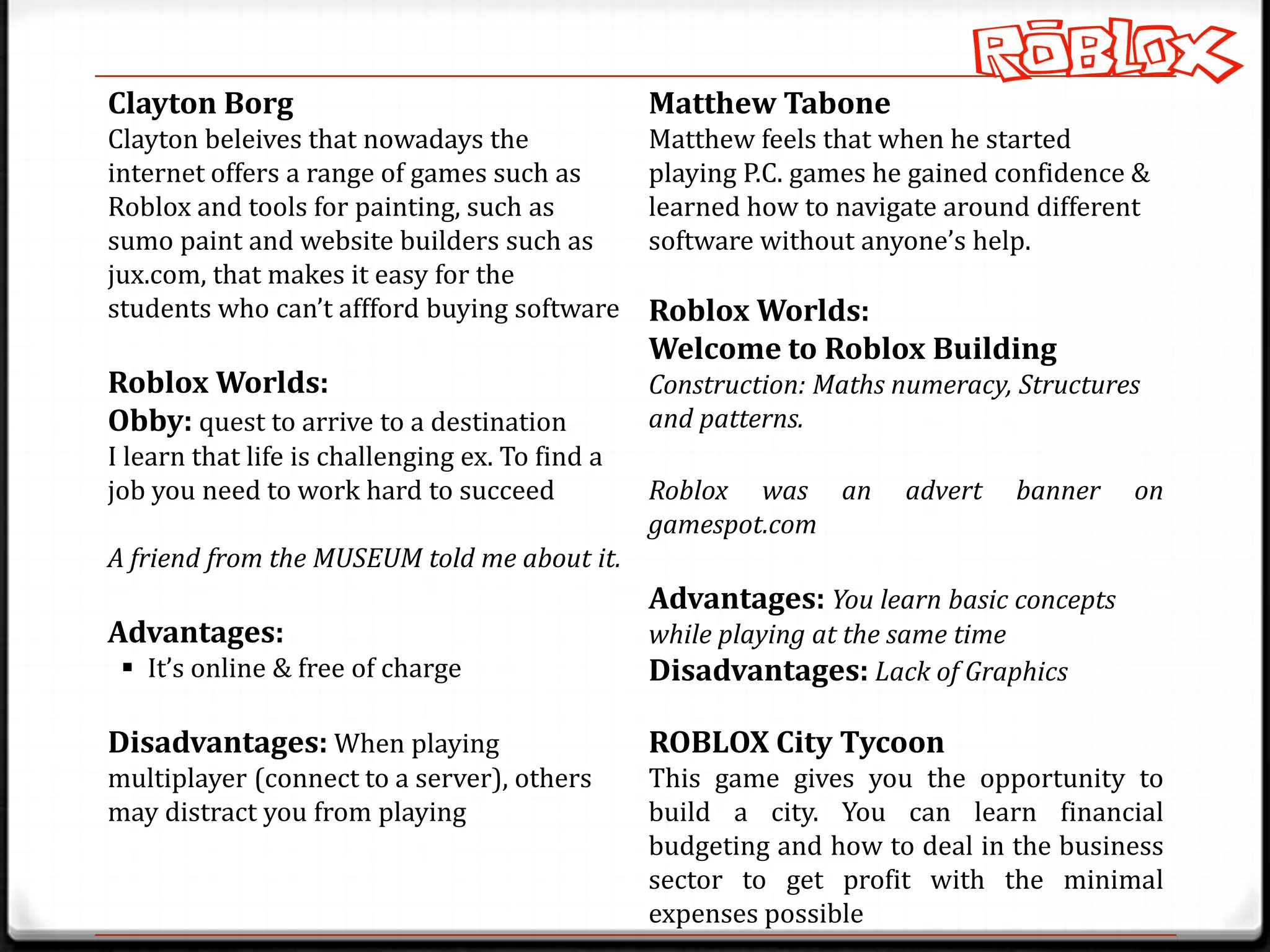 Assignment part 1 roblox | PPTX