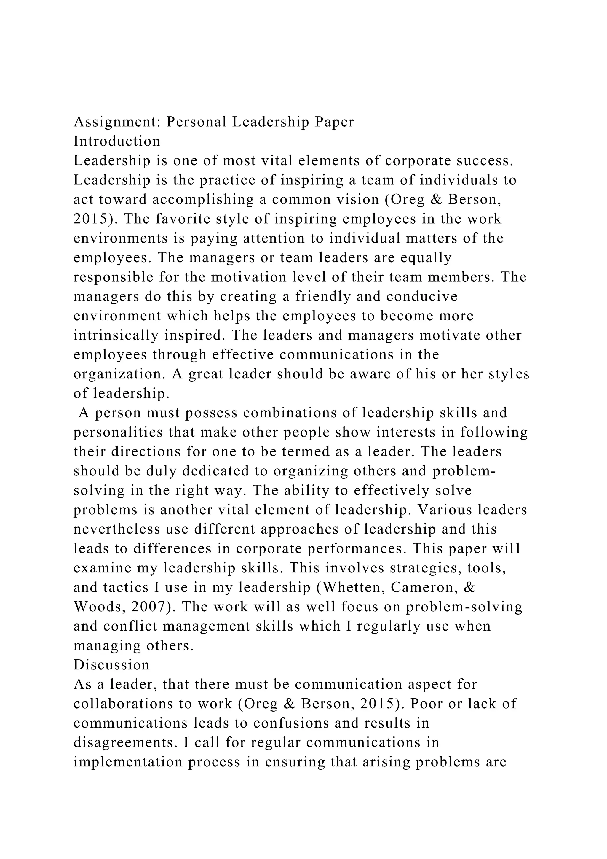 Assignment Personal Leadership PaperIntroductionLeadership is.docx ...