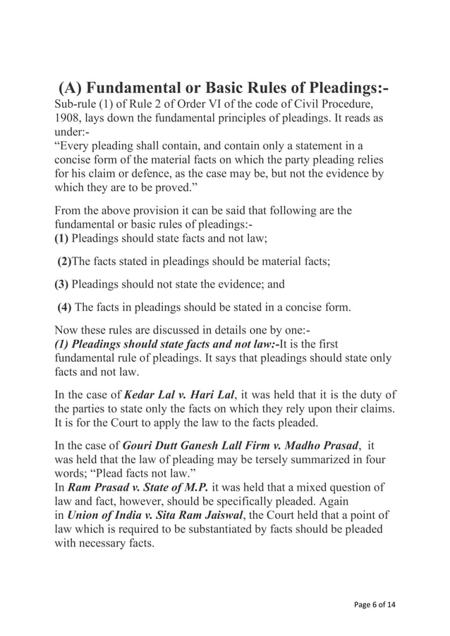fundamental rule of pleading, order -6 of cpc | PDF | Law