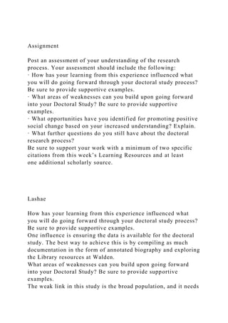 AssignmentPost an assessment of your understanding of the rese.docx