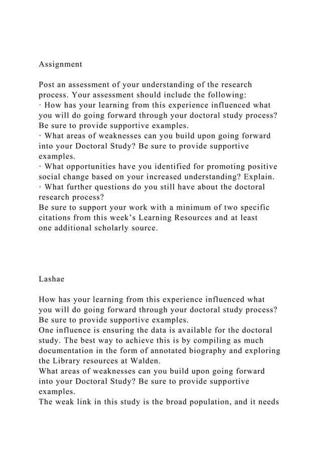 AssignmentPost an assessment of your understanding of the rese.docx