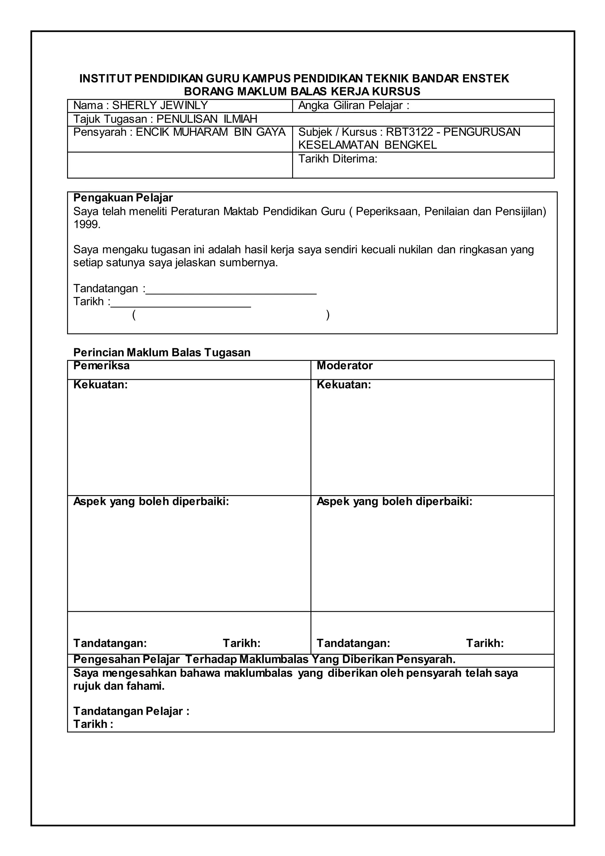 Assignment Pengurusan Keselamatan Bengkel rbt3122 | DOCX