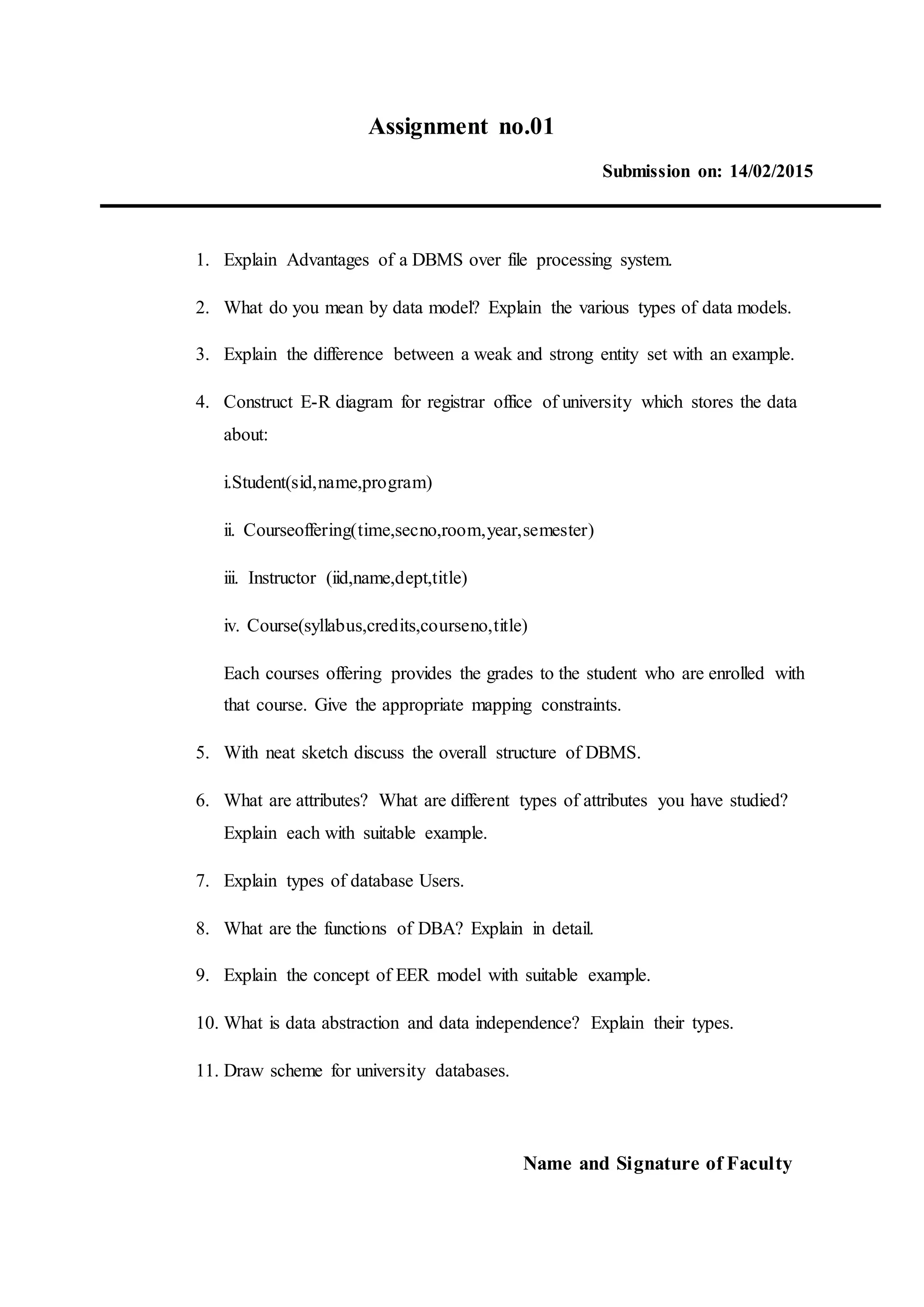 DBMS Assignments Questions | DOCX