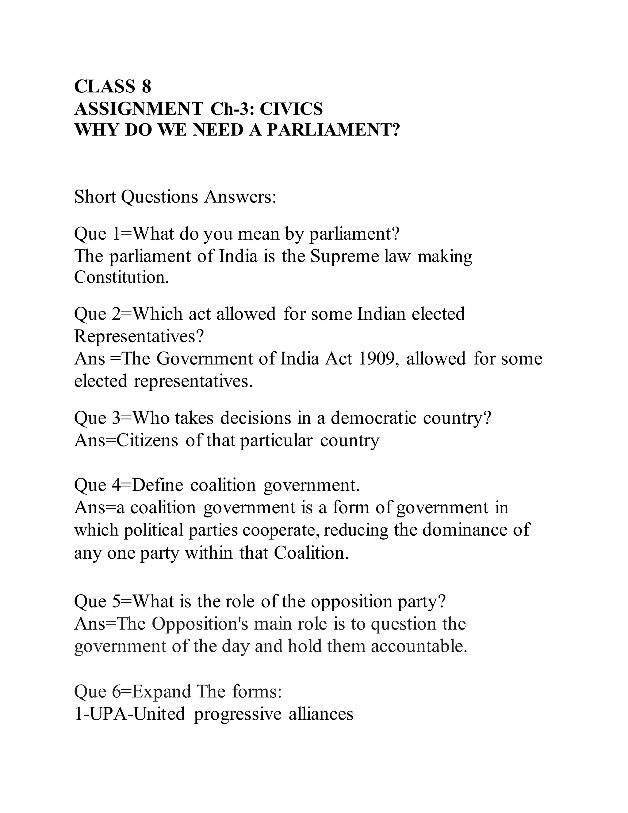 Class 8 chapter 3 Why do we need a parliament? Civics SST Extra ...