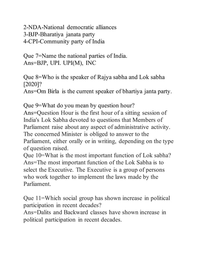 Class 8 chapter 3 Why do we need a parliament? Civics SST Extra questions with answers | DOCX