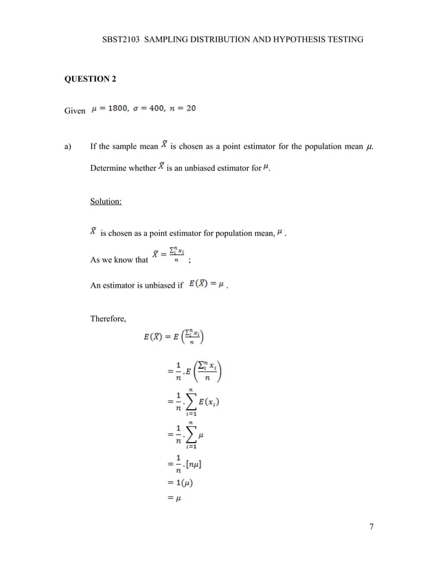 SAMPLING DISTRIBUTION AND HYPOTHESIS TESTING (SBST2103) | PDF