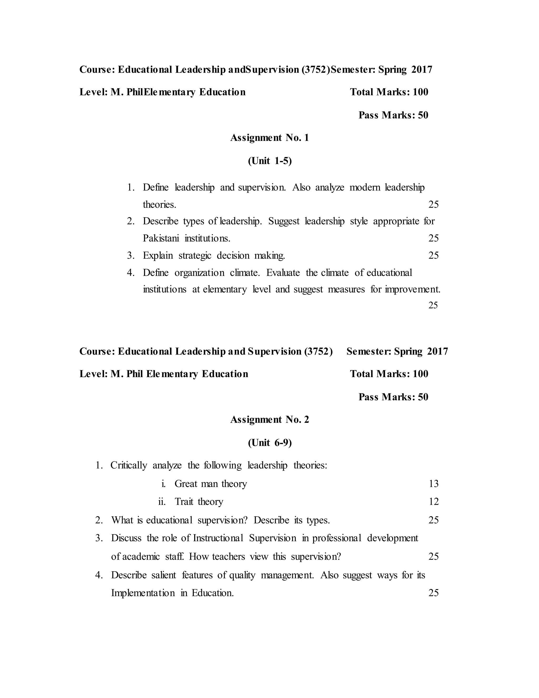 Assignments educational leadership ( 3752) mphil ( elementary) | DOCX