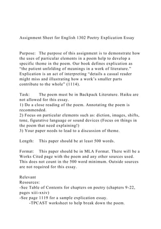 Assignment Sheet for English 1302 Poetry Explication Essay .docx