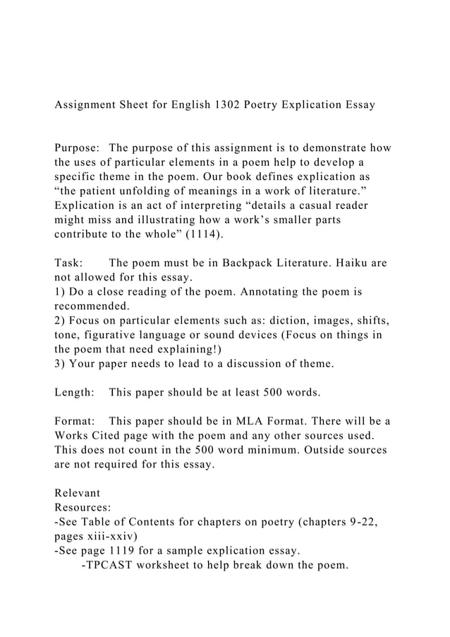Assignment Sheet for English 1302 Poetry Explication Essay .docx