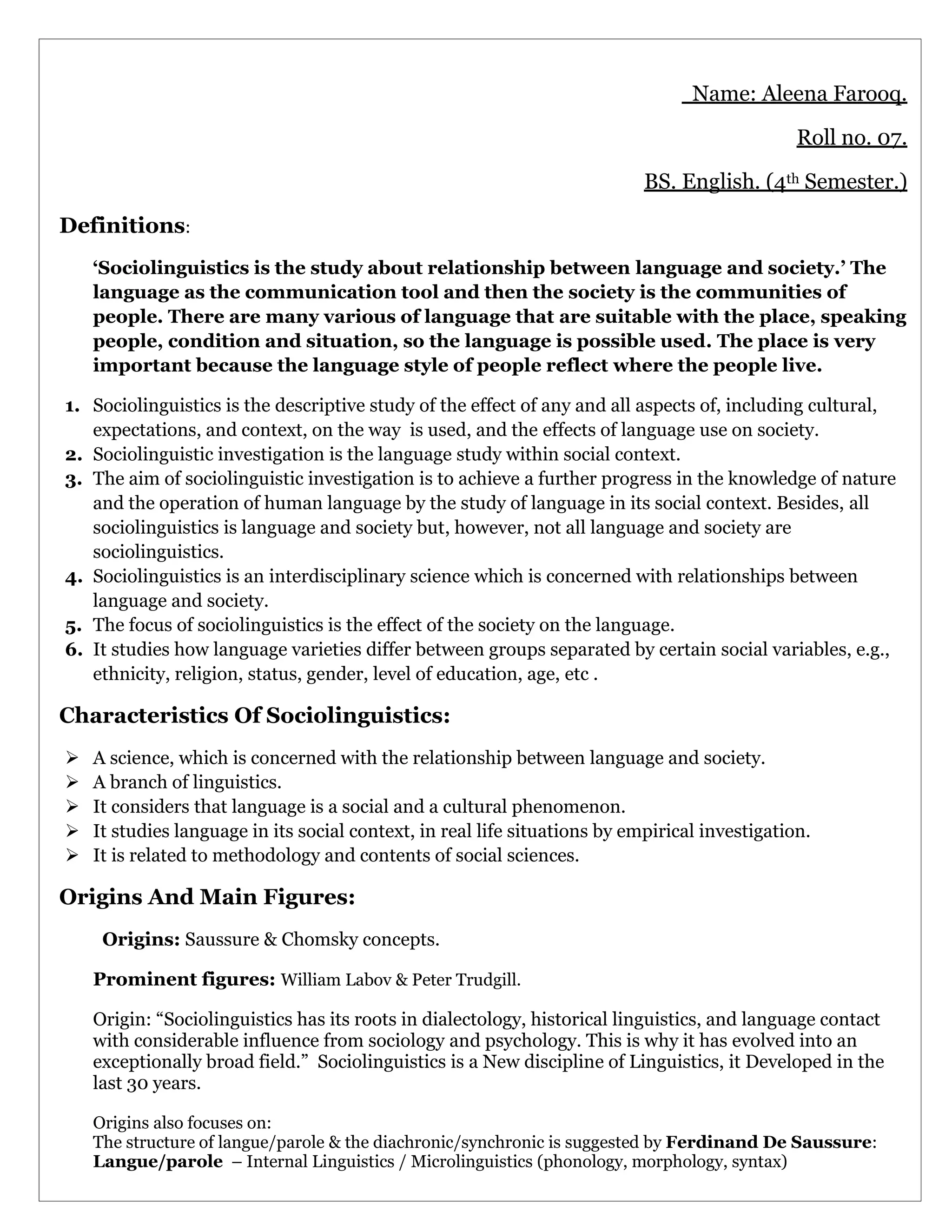 Definitions, Origins and approaches of Sociolinguistics | DOCX