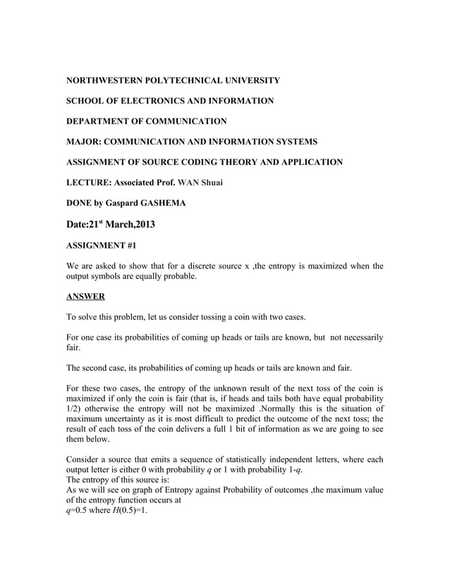 Assignments of source coding theory and applications | DOC | Internet | Computing