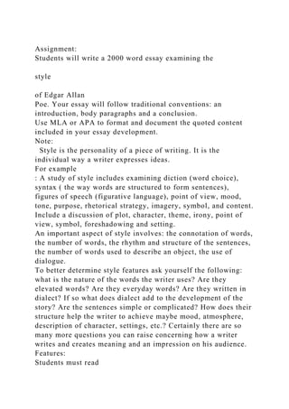 Assignment Students will write a 2000 word essay examining the.docx