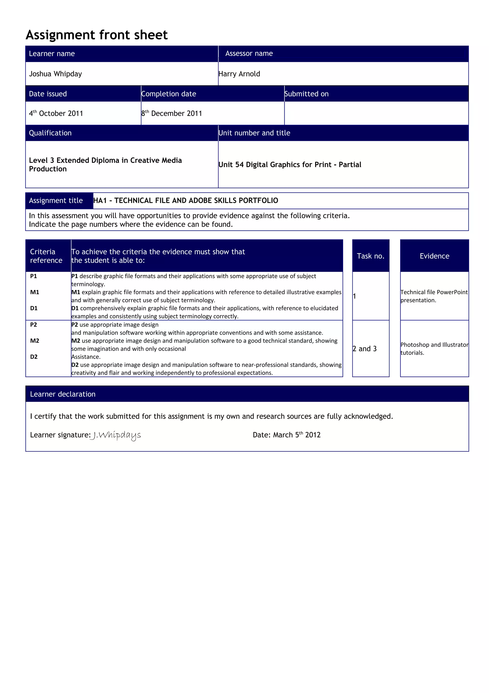 Assignment Front Sheet Pdf