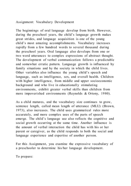 Assignment Vocabulary DevelopmentThe beginnings of oral languag | PDF