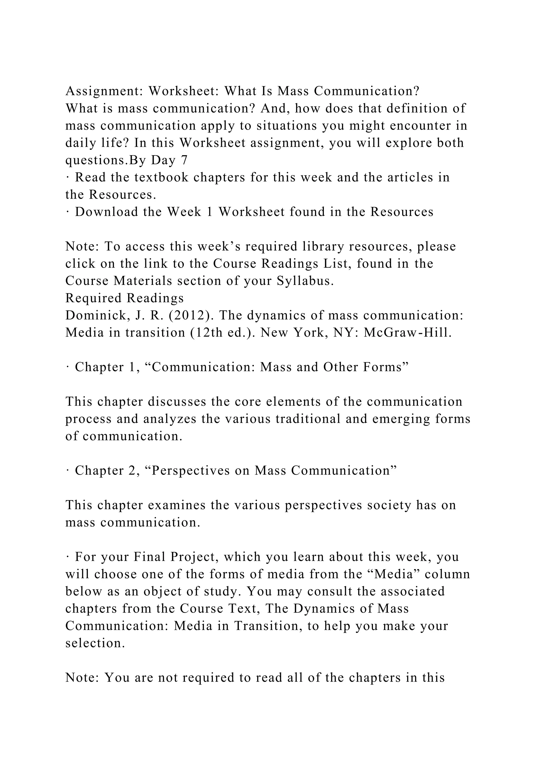 Assignment Worksheet What Is Mass CommunicationWhat is mass com.docx