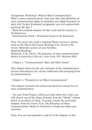 Assignment Worksheet What Is Mass CommunicationWhat is mass com.docx