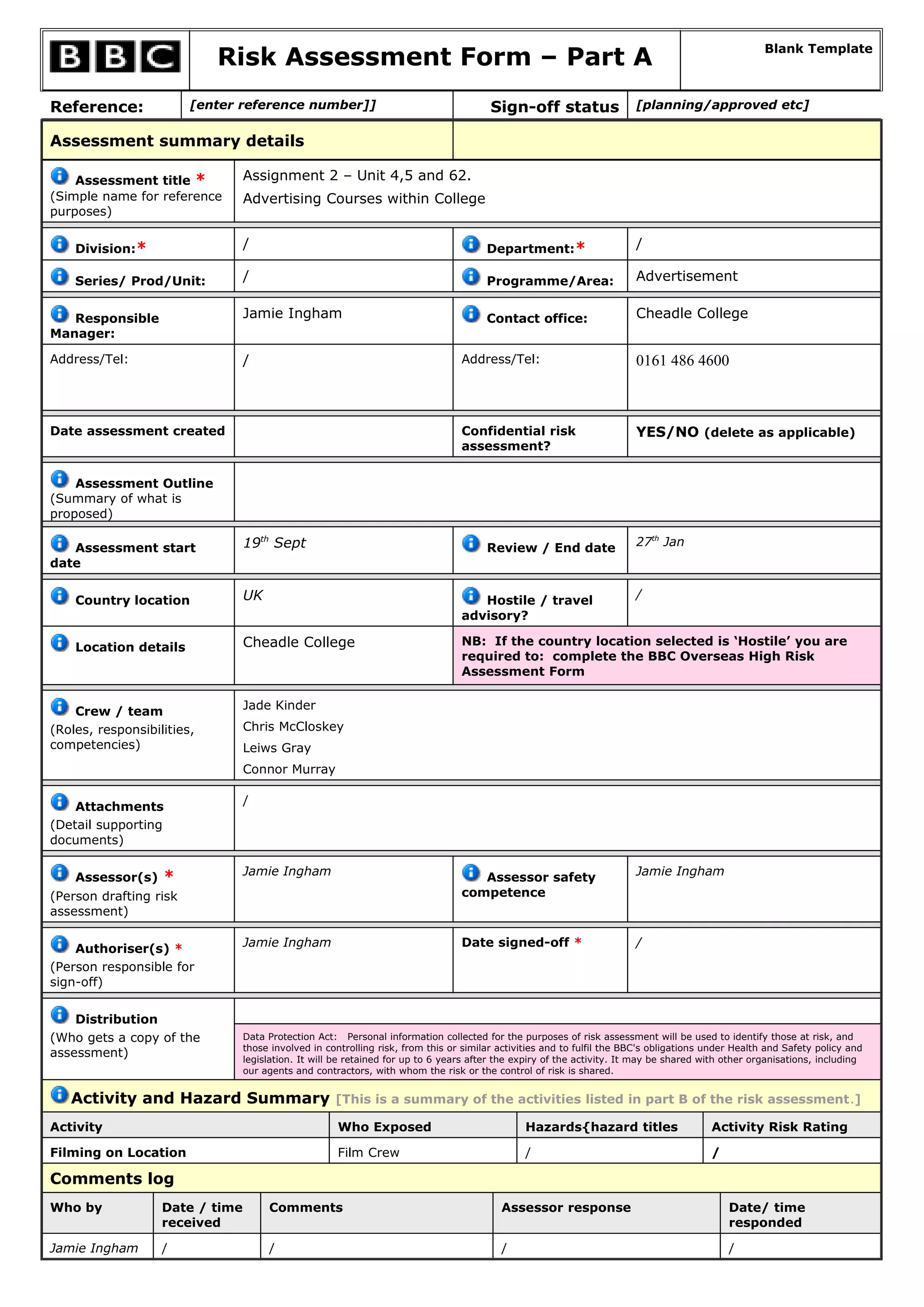 Assingment 2 unit 4 task 1c risk assessment | PDF