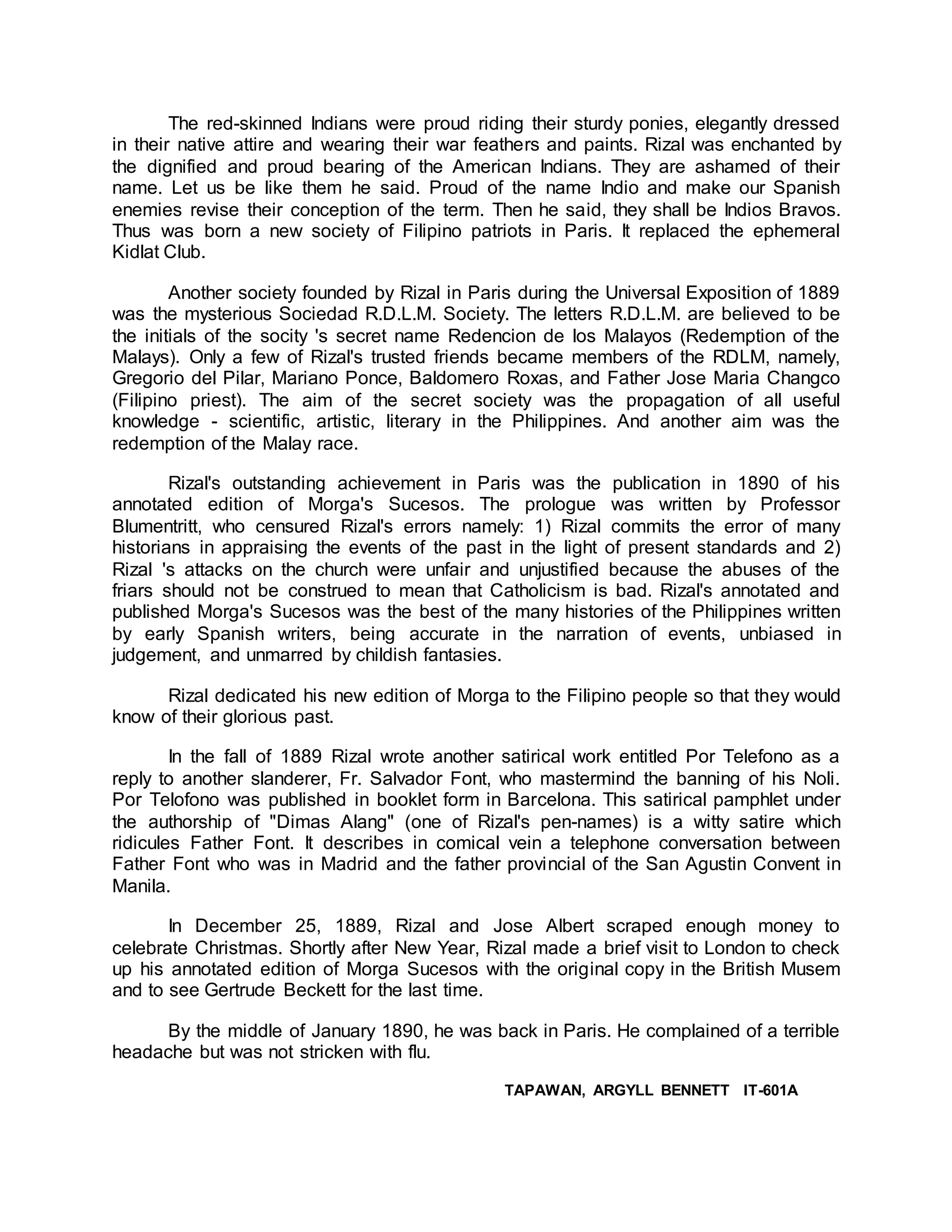 Rizal's second sojourn in Paris and the Universal Exposition of 1889 | DOCX