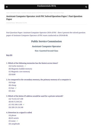 Solved question paper of Assistant computer operator of PSC conducted ...