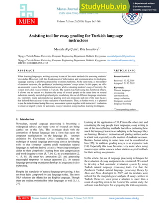 Assisting Tool For Essay Grading For Turkish Language Instructors | PDF