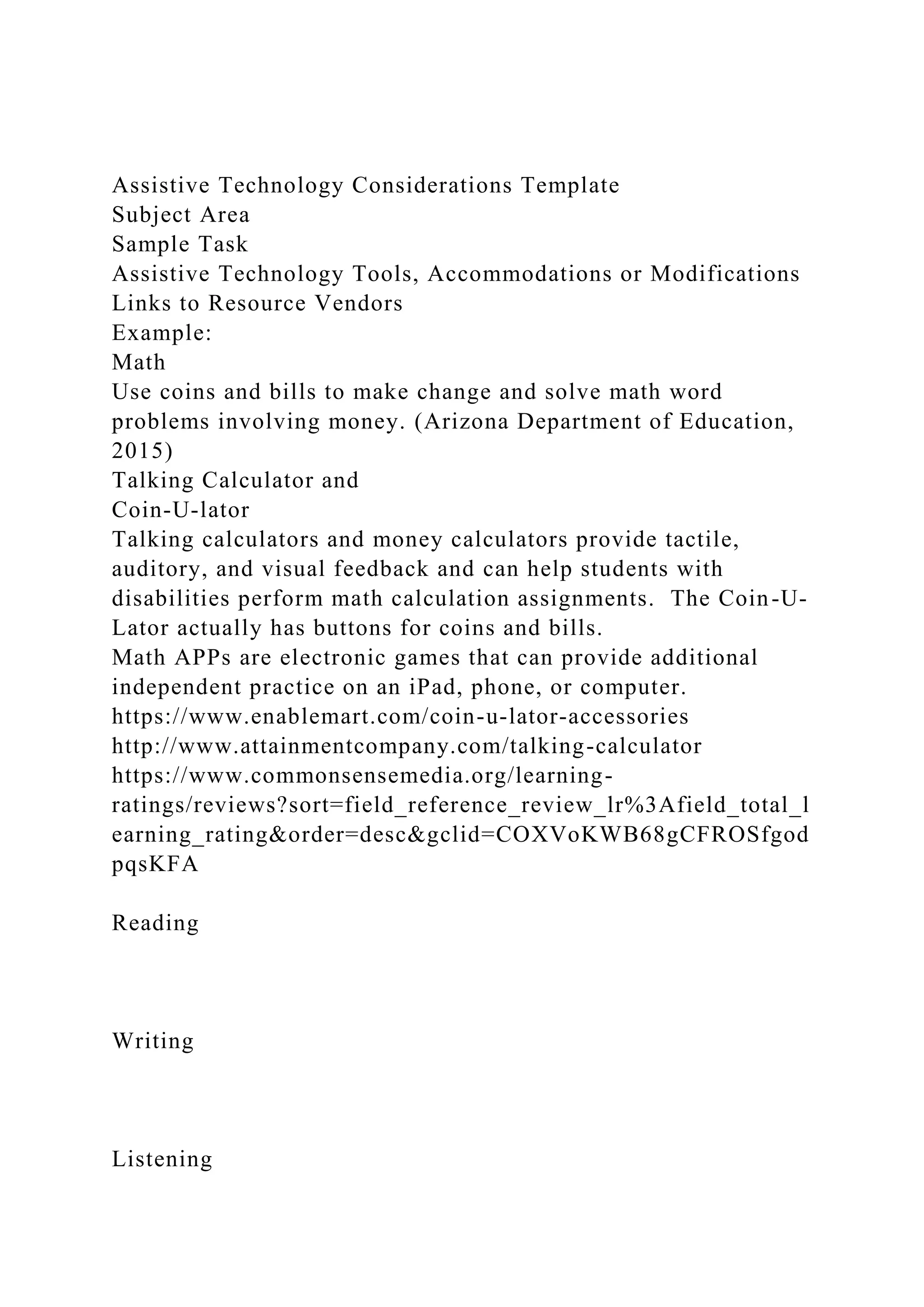 Assistive Technology Considerations TemplateSubject AreaSample.docx