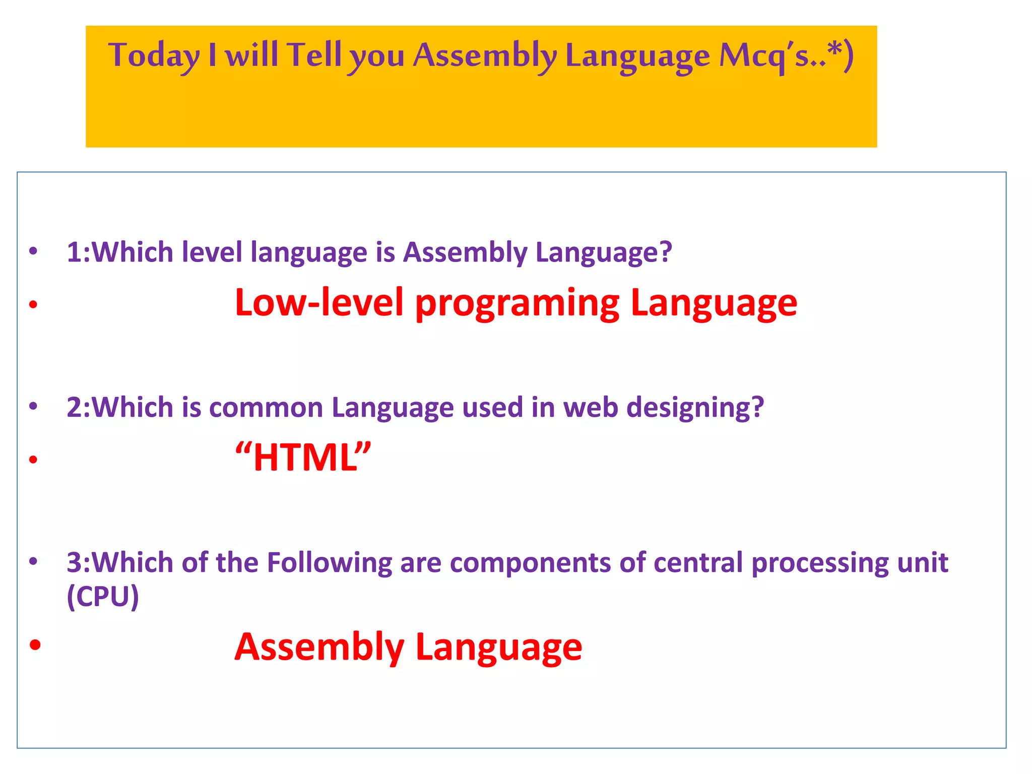 Assmbly language mcqs | PPTX | Programming Languages | Computing