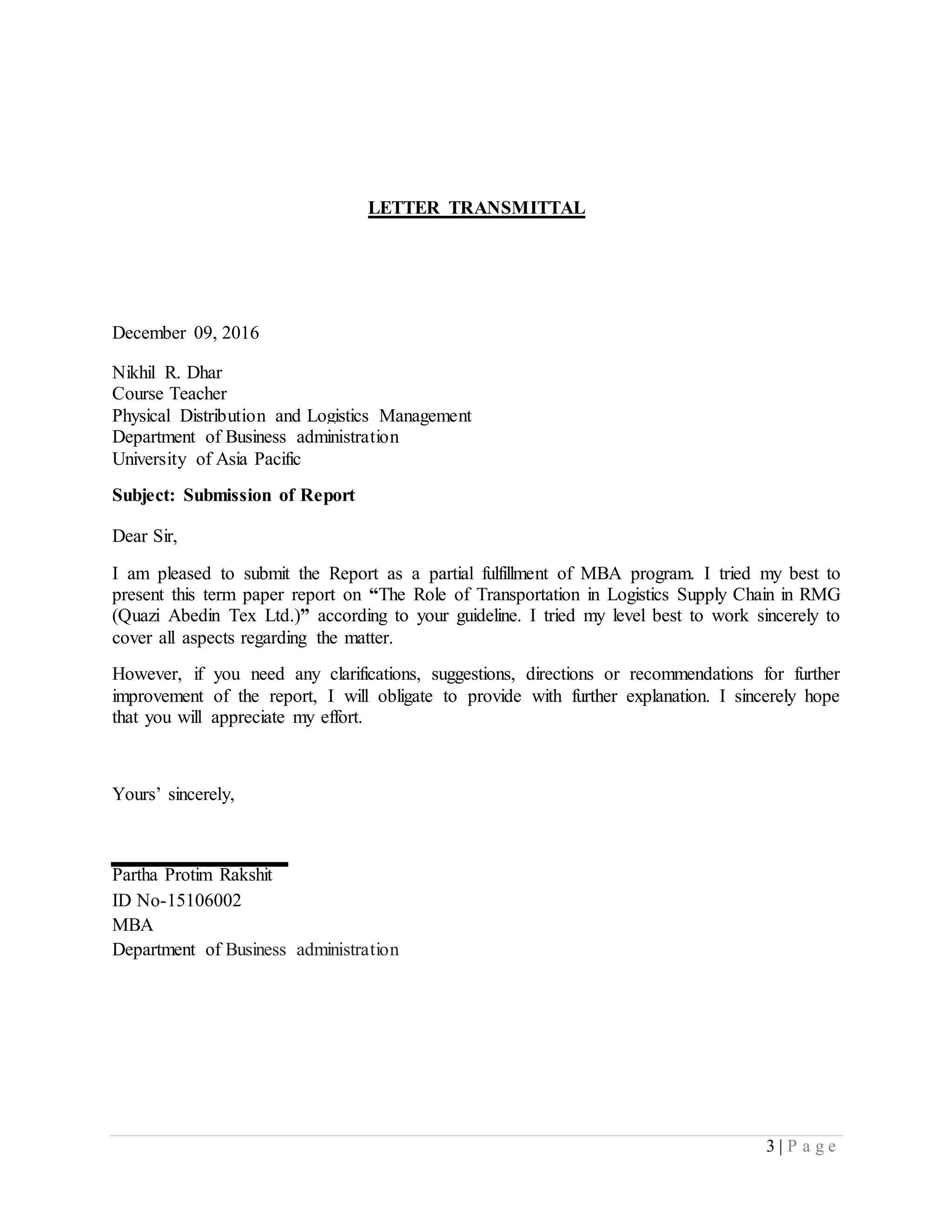 THE ROLE OF TRANSPORTATION IN LOGISTICS SUPPLY CHAIN IN RMG | DOCX