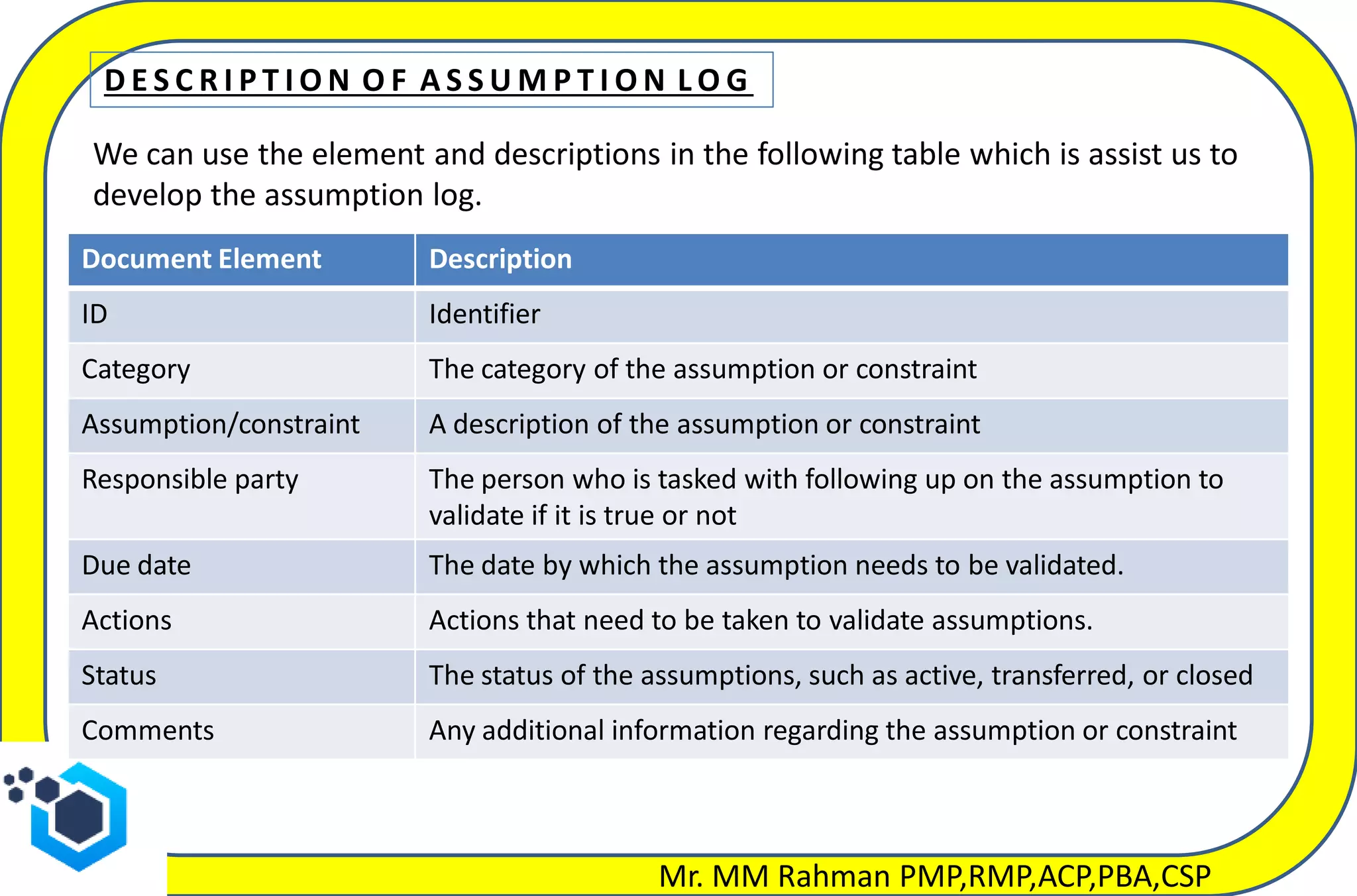 Presentation on assumption log in Project Management by MM Rahman | PDF