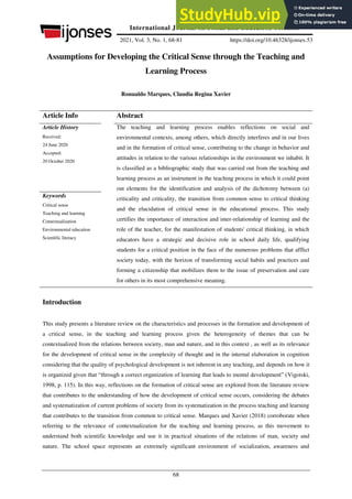 Assumptions For Developing The Critical Sense Through The Teaching And Learning Process | PDF ...