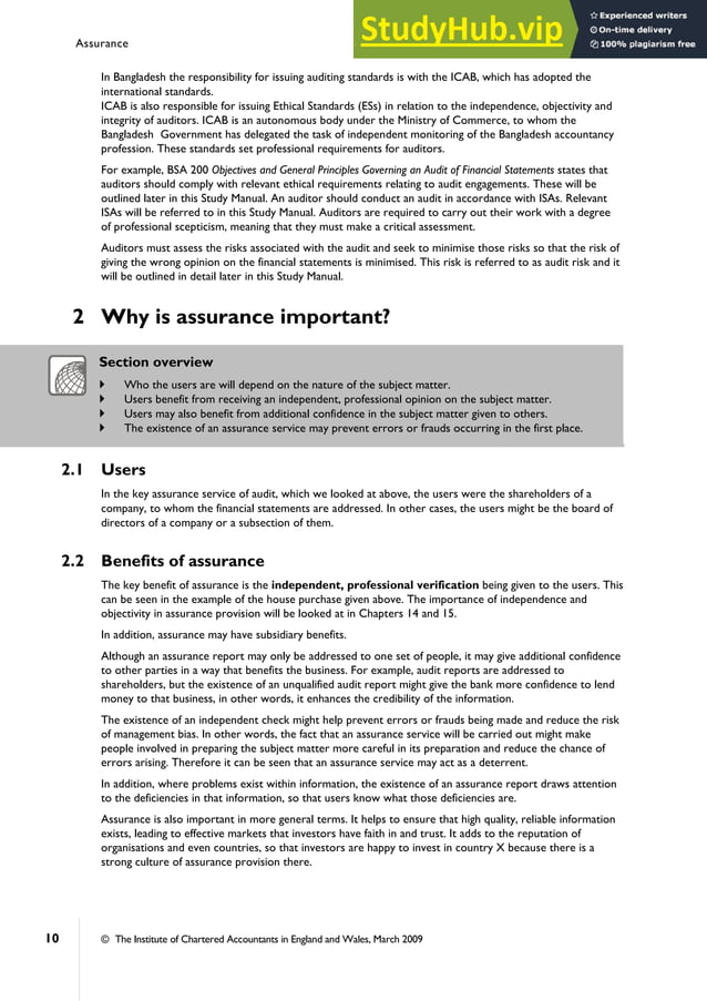 ASSURANCE Study Manual CA Certificate Level - ICAB | PDF