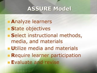 ASSURE Instructional Design Model Presenttaion | PDF