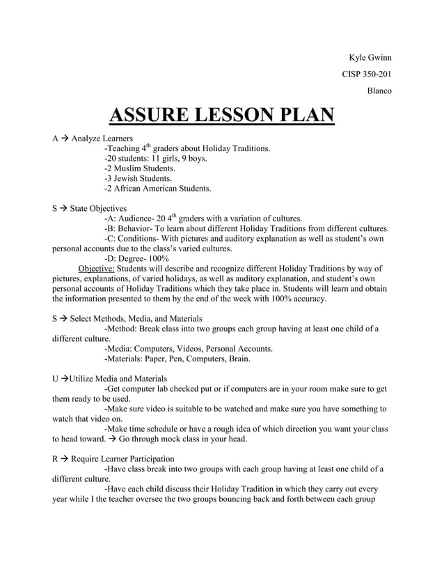 ASSURE Lesson Plan | DOCX | Homework and Study | Education