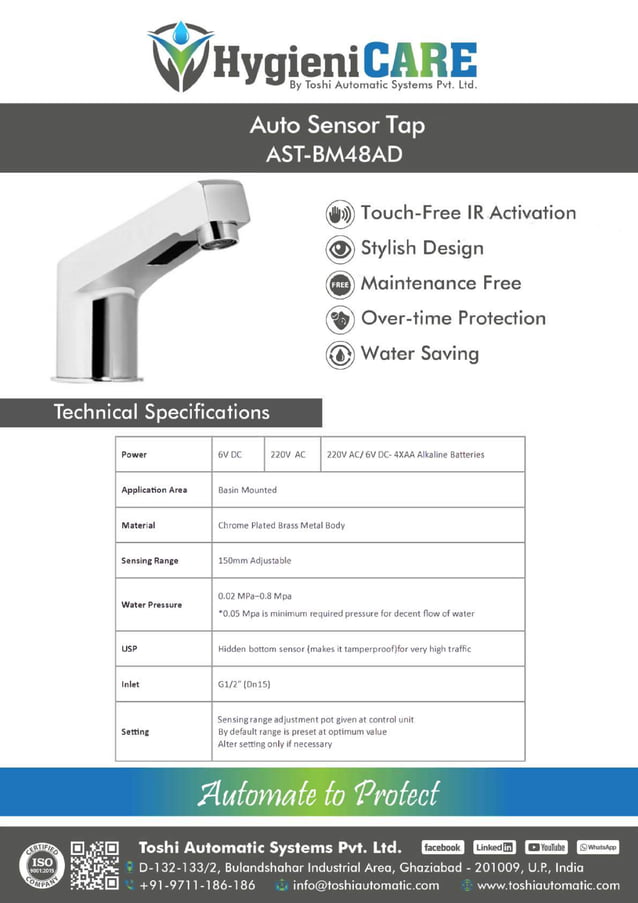 Automatic Sensor Tap(AST-BM48AD) TOSHIAUTOMATIC's HygieniCARE | PDF