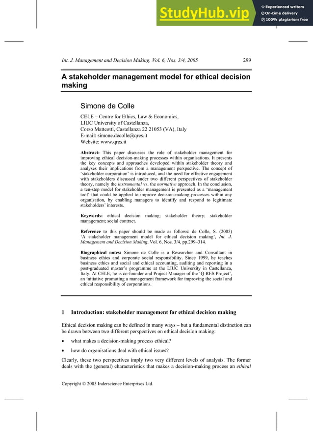 A Stakeholder Management Model For Ethical Decision Making | PDF