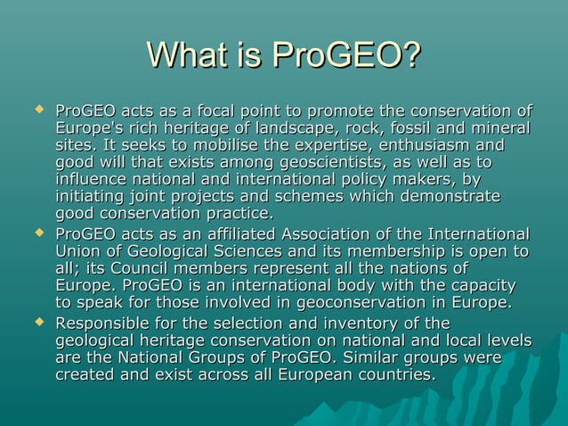 ProGEO and its Major Project on Geoconservation in Europe | PPT
