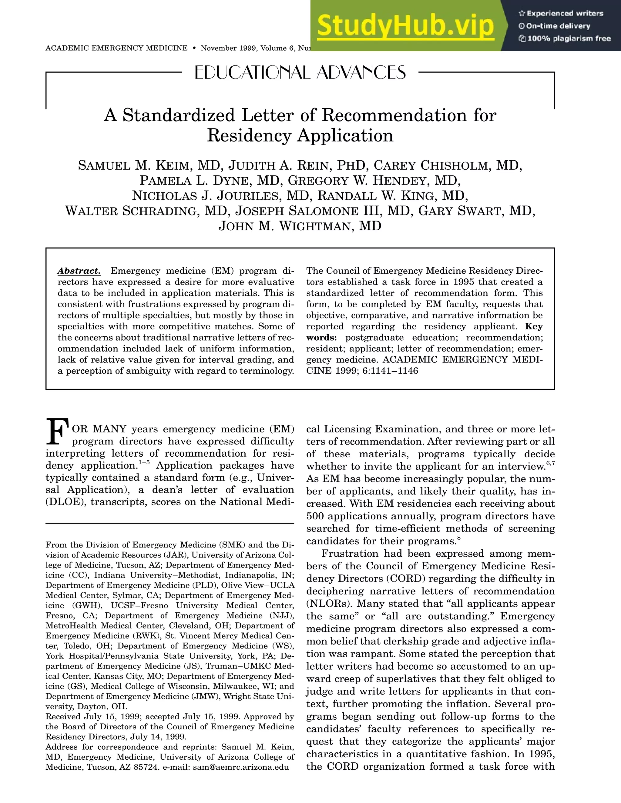 A Standardized Letter Of Recommendation For Residency Application | PDF