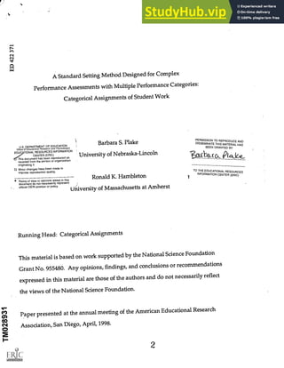 A Standard Setting Method Designed For Complex Performance Assessments With Multiple Performance ...