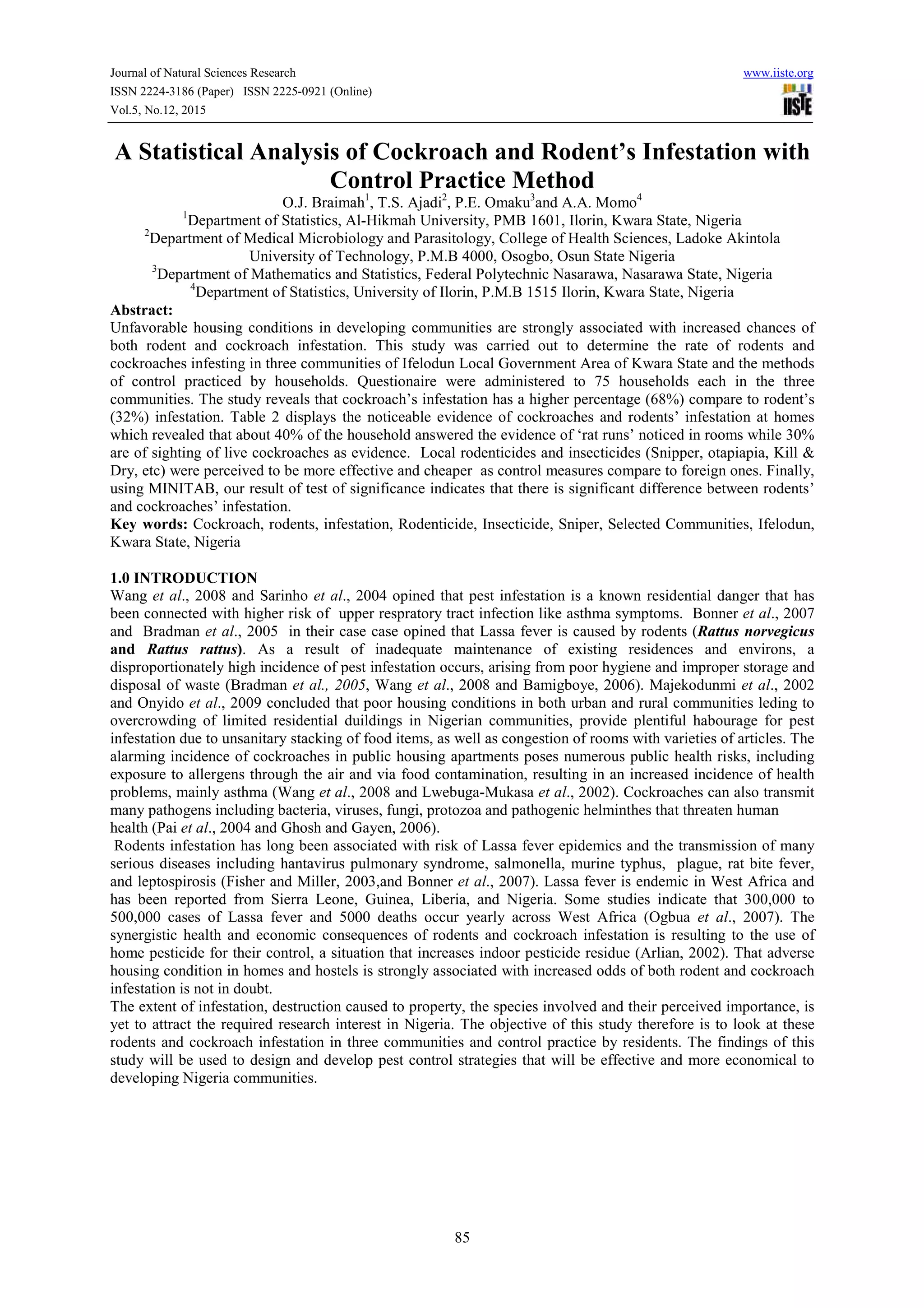 A statistical analysis of cockroach and rodent’s infestation | PDF