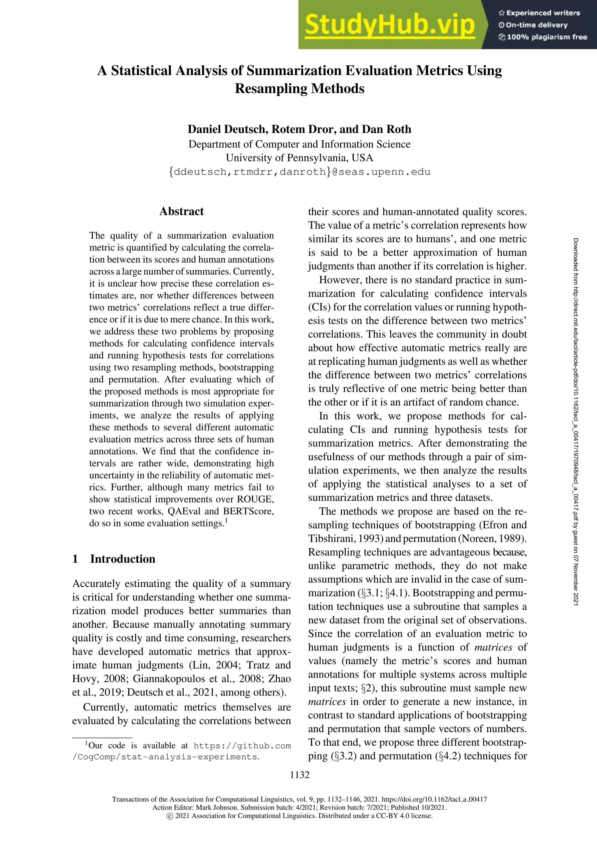 A Statistical Analysis Of Summarization Evaluation Metrics Using Resampling Methods | PDF